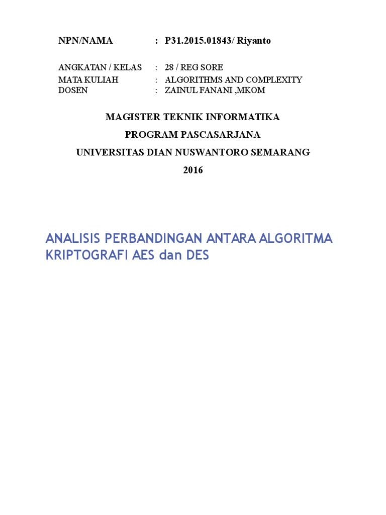 Analisis Perbandingan Algoritma Kriptografi Aes Dan Des New | PDF