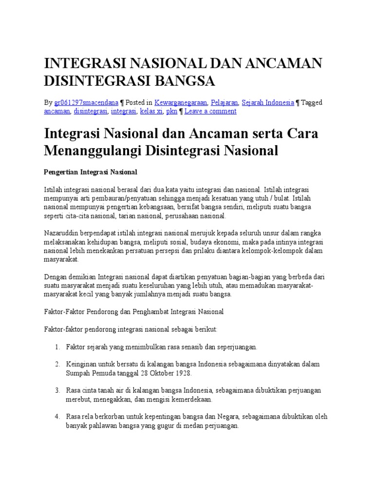Integrasi Nasional Dan Ancaman Disintegrasi | PDF