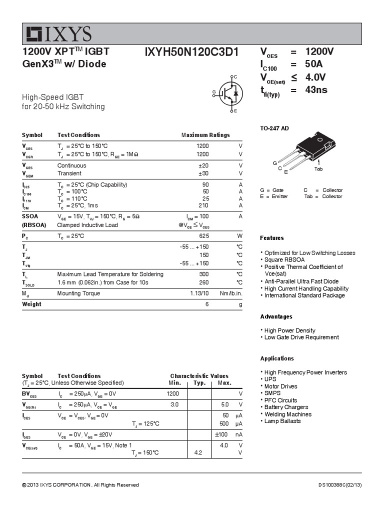 Ixyh50N120C3D1: V 1200V I 50A V T 43Ns 1200V XPT Igbt Genx3 W/ Diode | PDF