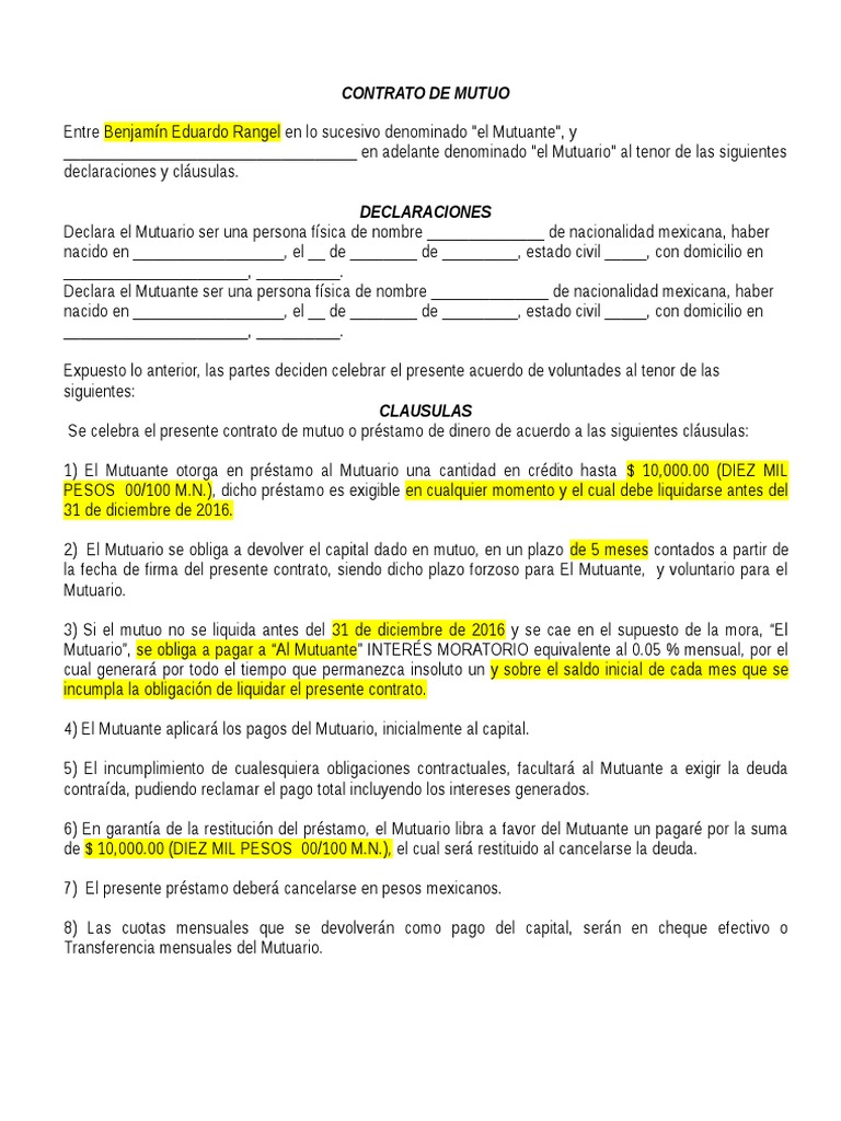 Contrato de Mutuo Con Interes y Garantia de Pagare Para Benjamon