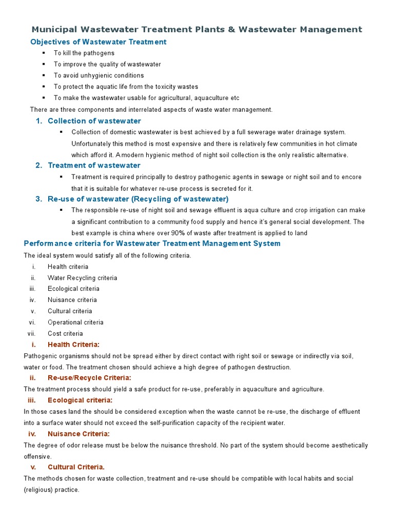 Municipal Wastewater Management Notes | Sewage Treatment | Wastewater