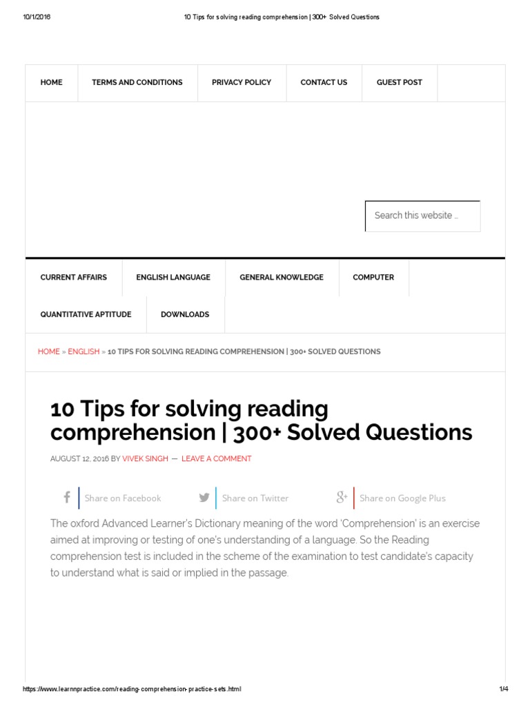 10 Tips For Solving Reading Comprehension - 300+ Solved Questions | PDF ...