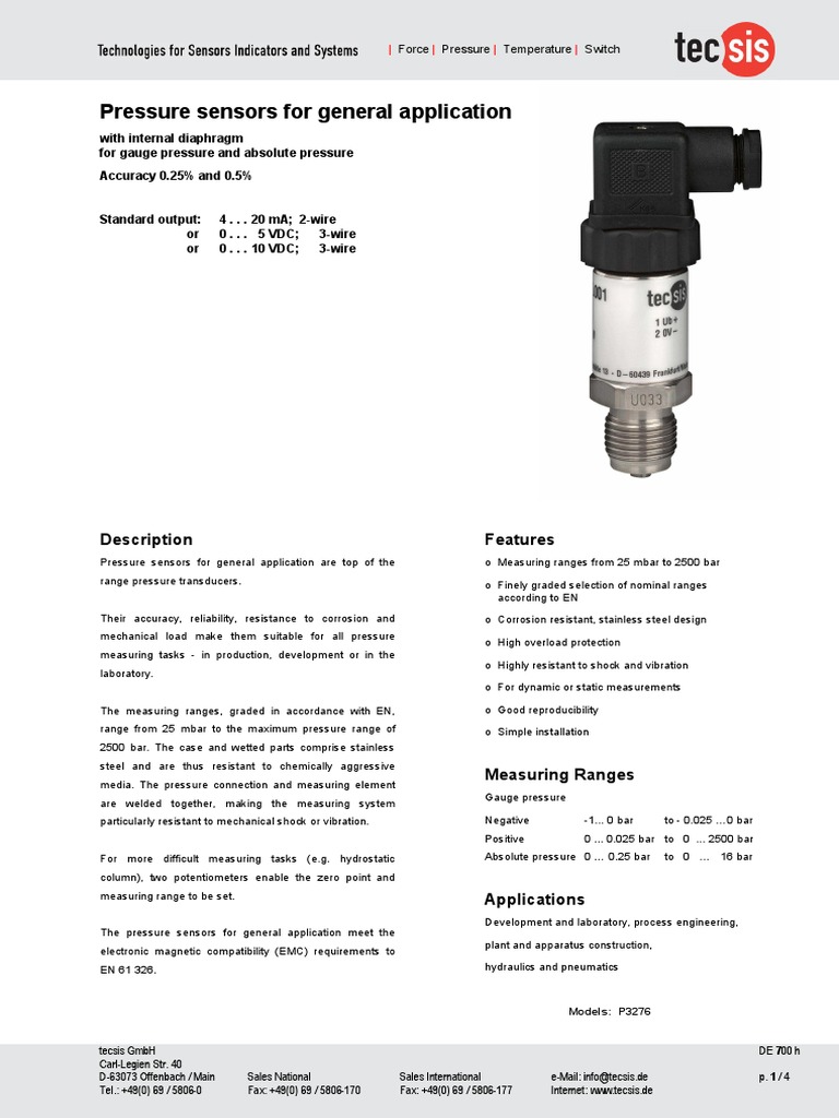 TECSIS Pressure Transmitter | PDF | Pressure Measurement | Electrical ...