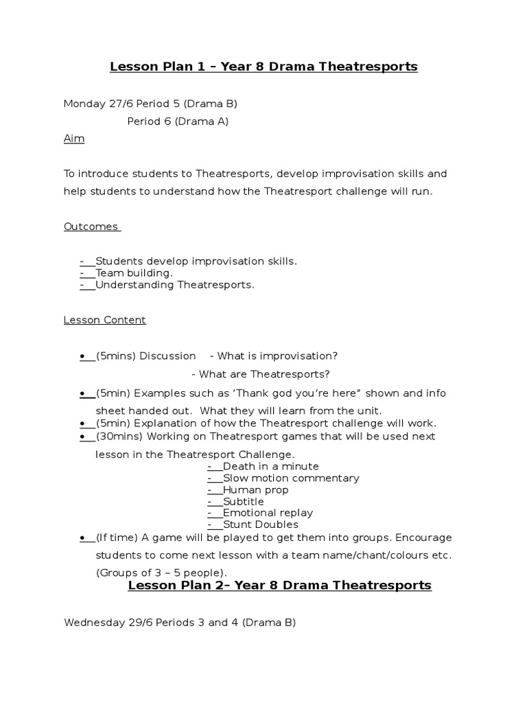 Lesson Plans - Theatresports Challenge | PDF | Improvisation | Lesson Plan