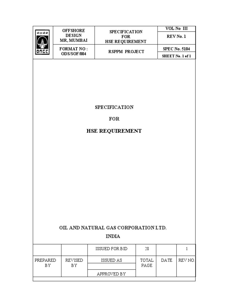 Hse Requirement: Specification FOR | PDF | Specification (Technical ...