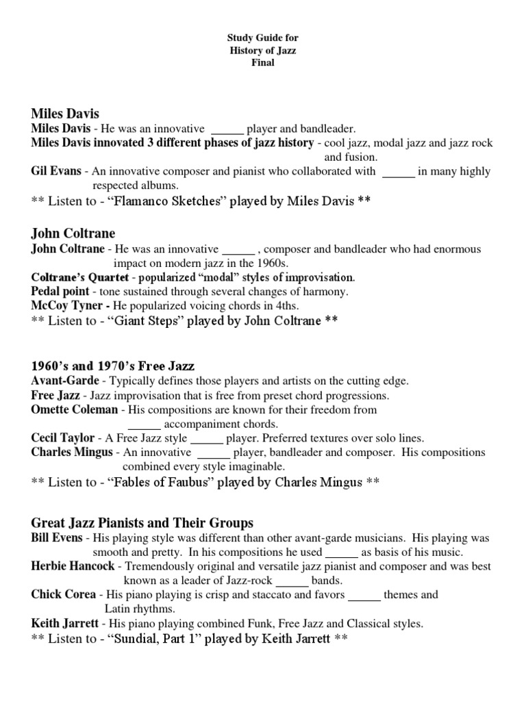 Jazz History Study Guide Overview | PDF | Jazz | American Popular Music
