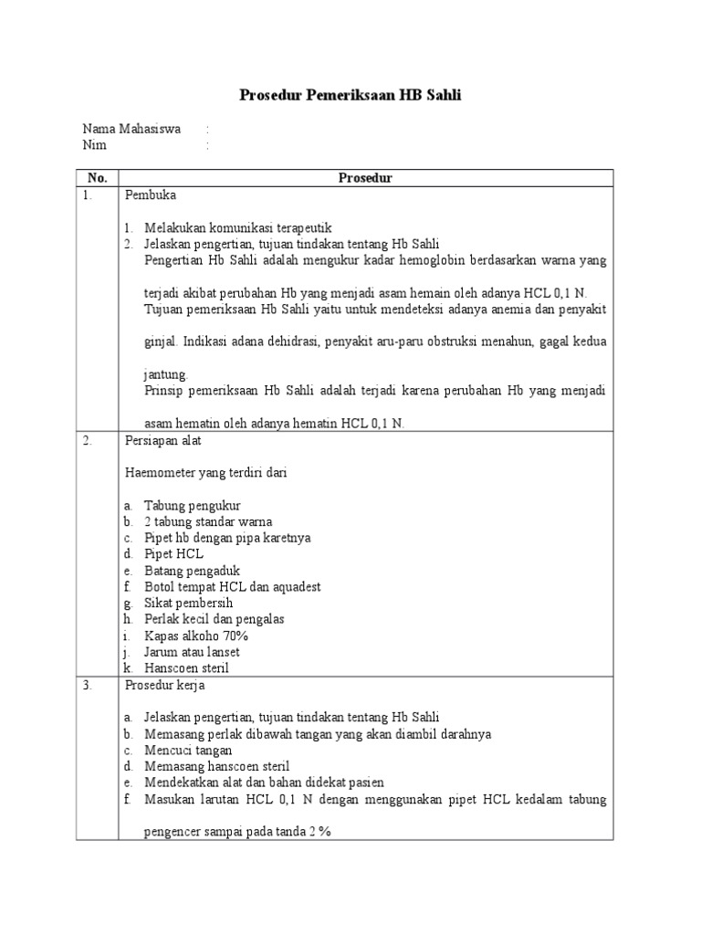 Prosedur Pemeriksaan Hb Metode Sahli | PDF