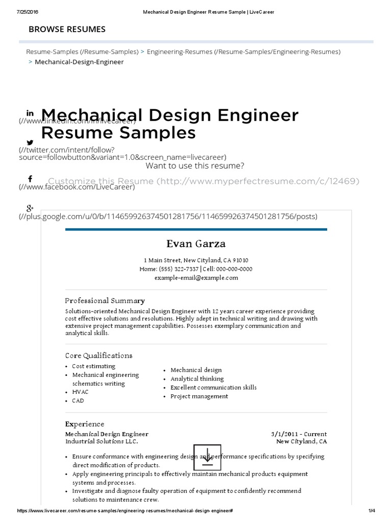 Mechanical Design Engineer Resume Sample - LiveCareer | PDF | Résumé ...