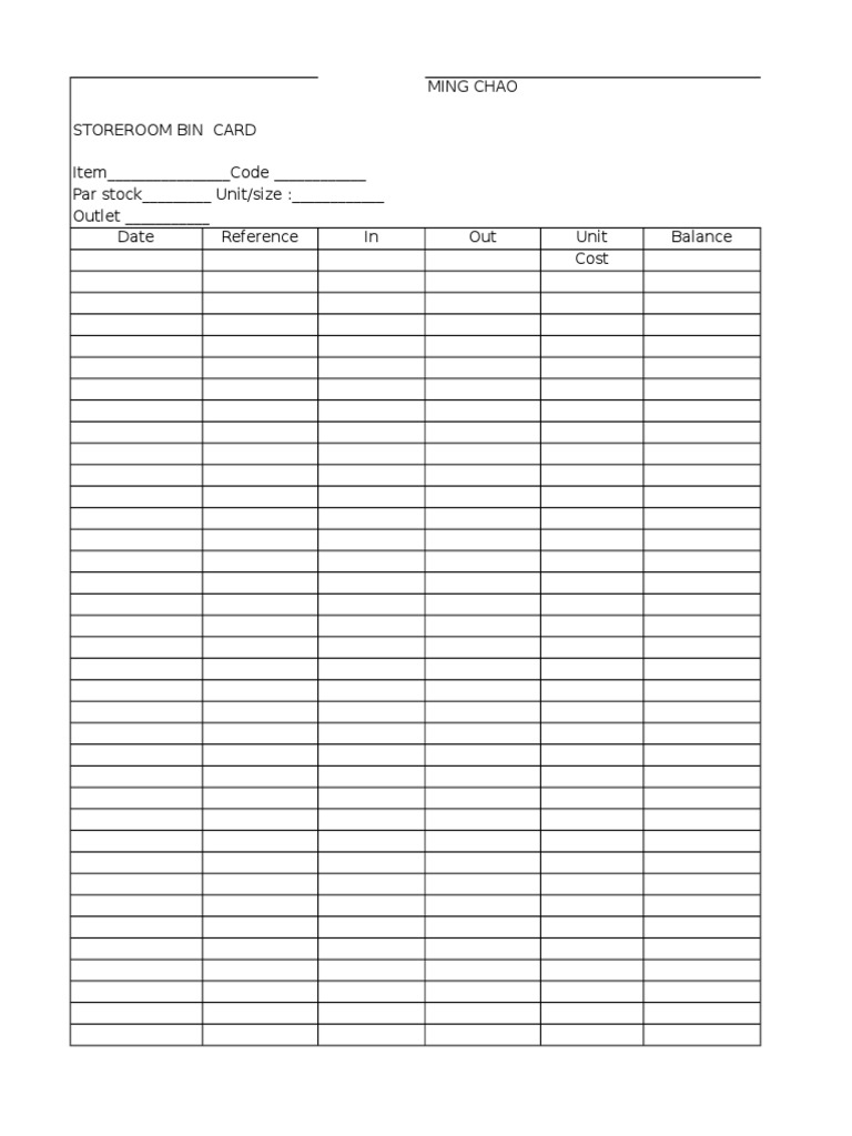 Ming Chao Storeroom Bin Card Item - Code - Par Stock - Unit/size ...