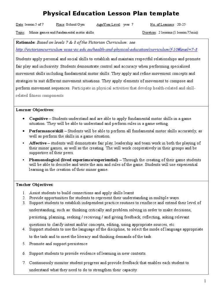Minor Games Lesson Plan for Year 7 | PDF | Lesson Plan | Teachers