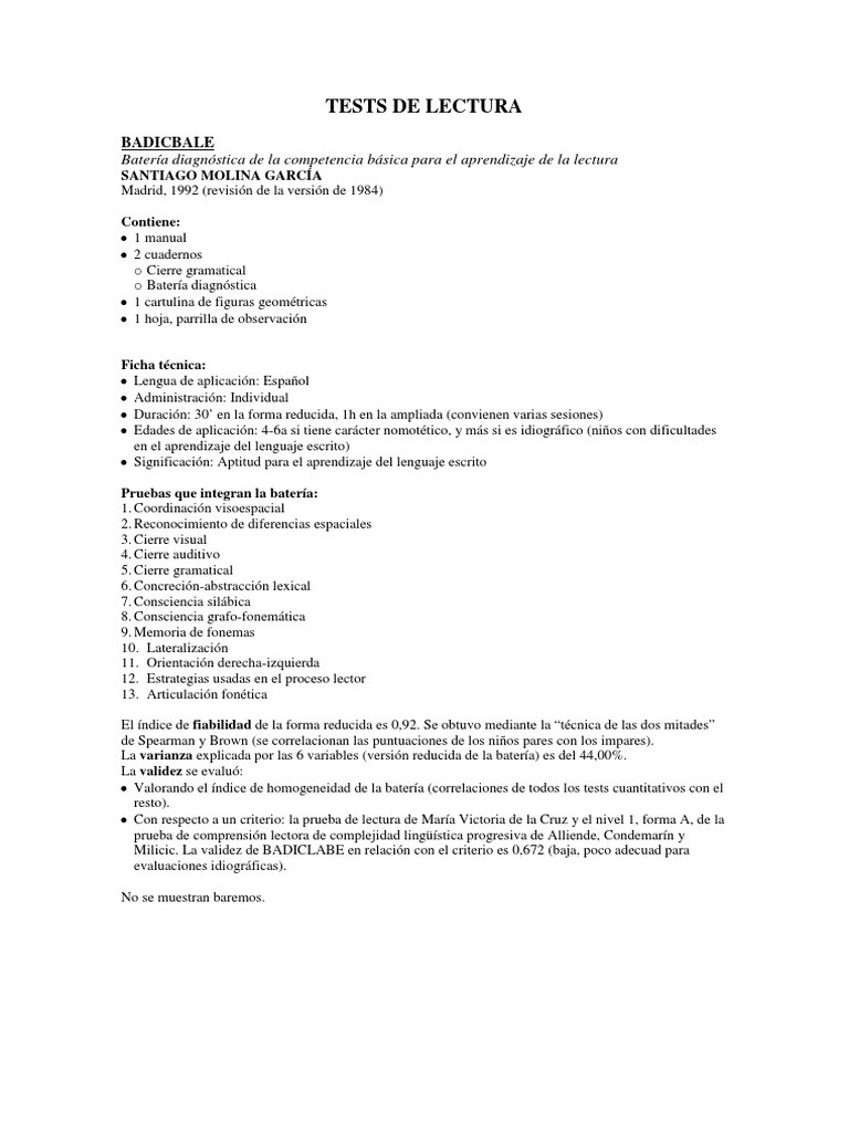 Tests de Lectura | Lectura (proceso) | Validez (Estadísticas) | Prueba ...