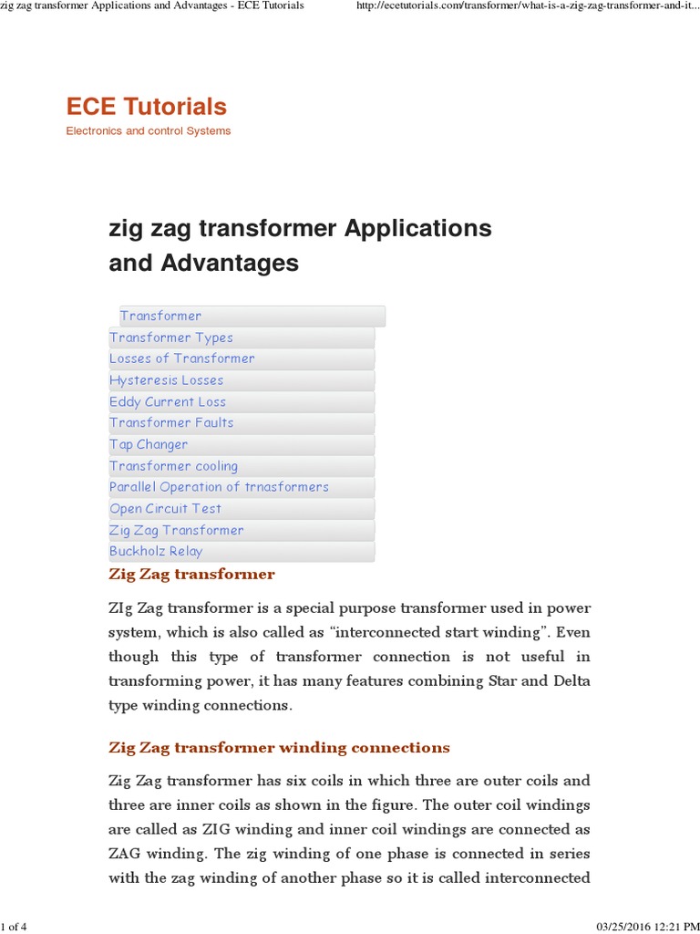 Zig Zag Transformer Applications and Advantages - ECE Tutorials | PDF | Transformer | Inductor