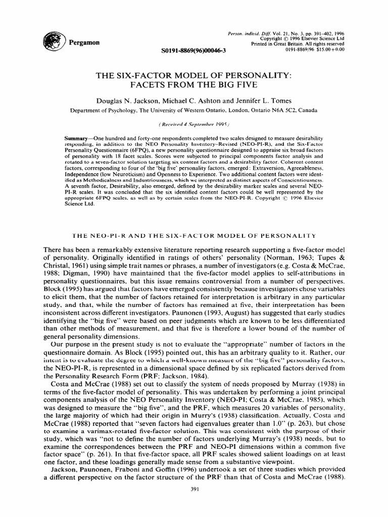 The Six-Factor Model of Personality: Facets From The Big Five | PDF