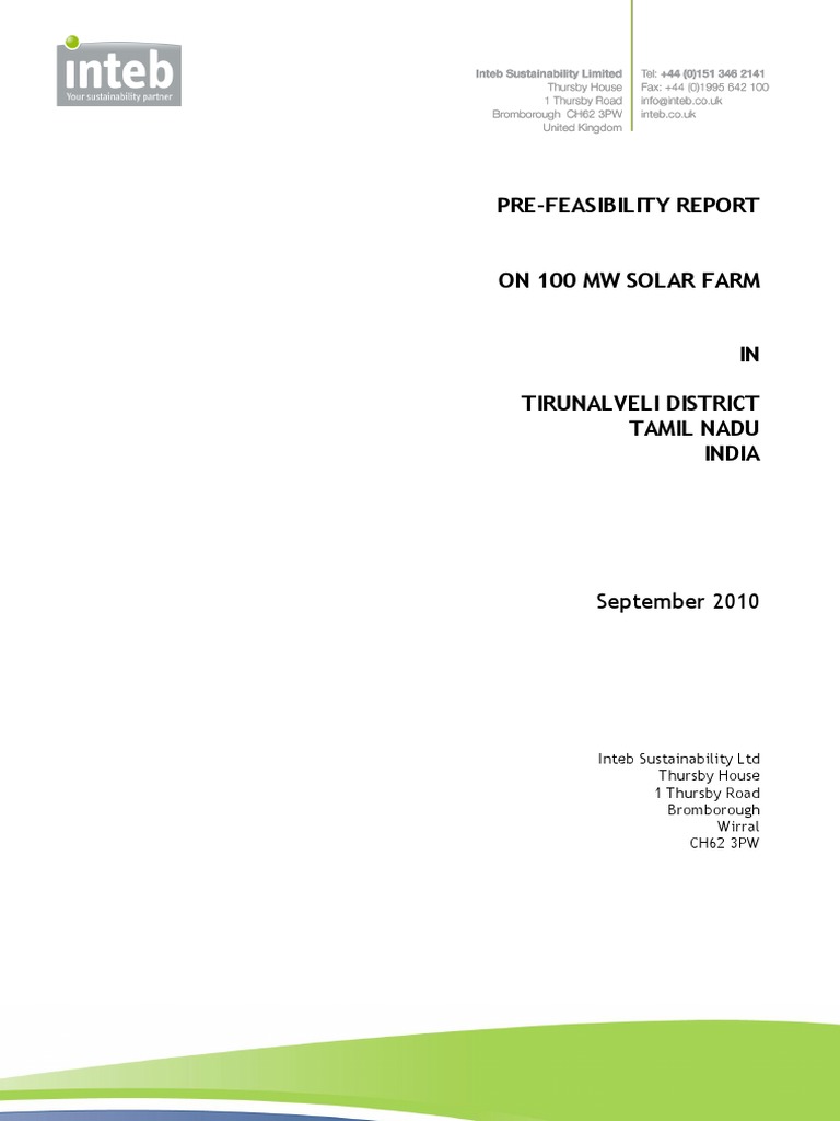 100 MW Solar Farm Pre-Feasibility Study For Investment PDF | PDF