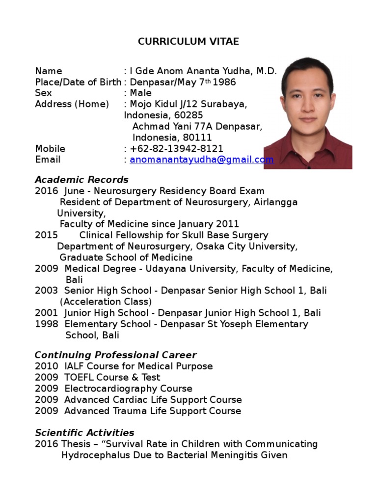 Neurosurgeon CV: I Gde Anom Ananta Yudha | PDF