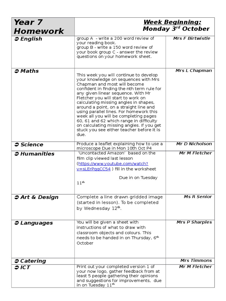 Homework Year 7 | PDF | Language Arts & Discipline | Home & Garden
