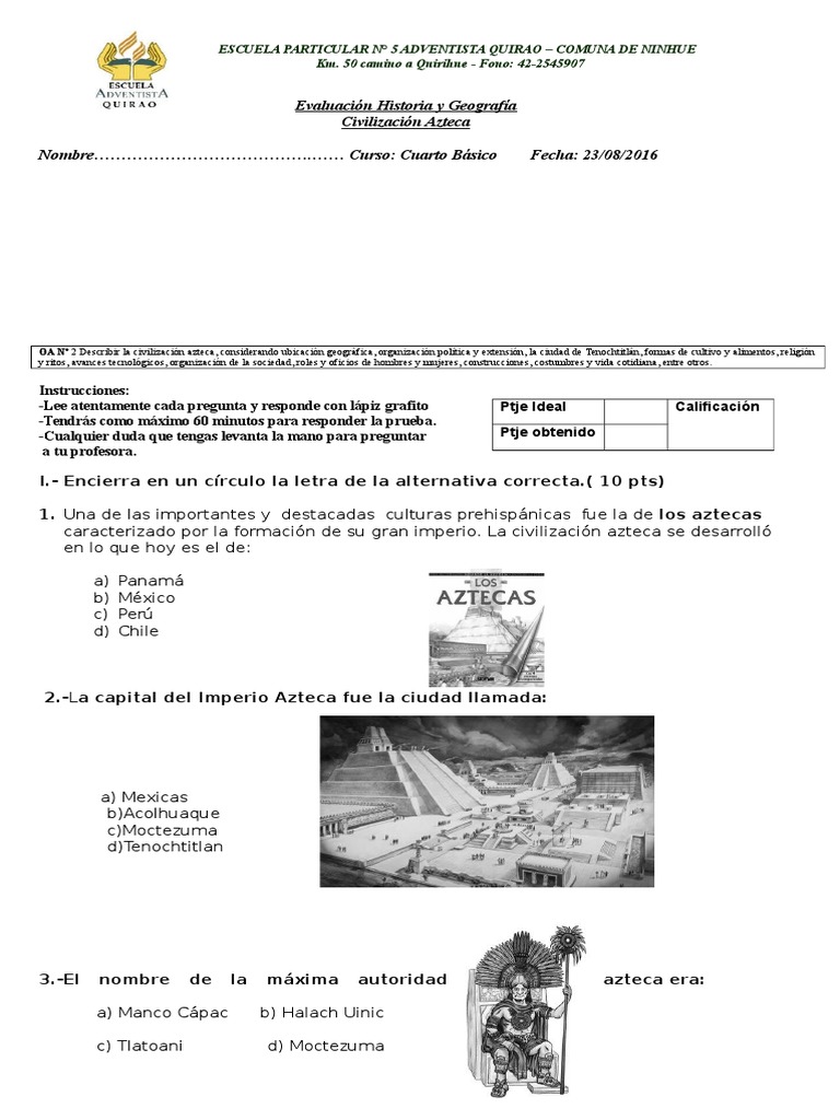 Prueba Historia Aztecas 2016 | PDF | Cultura de las Americas