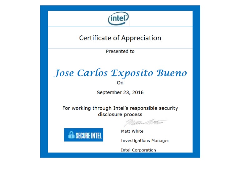 Intel Certificate of Appreciation
