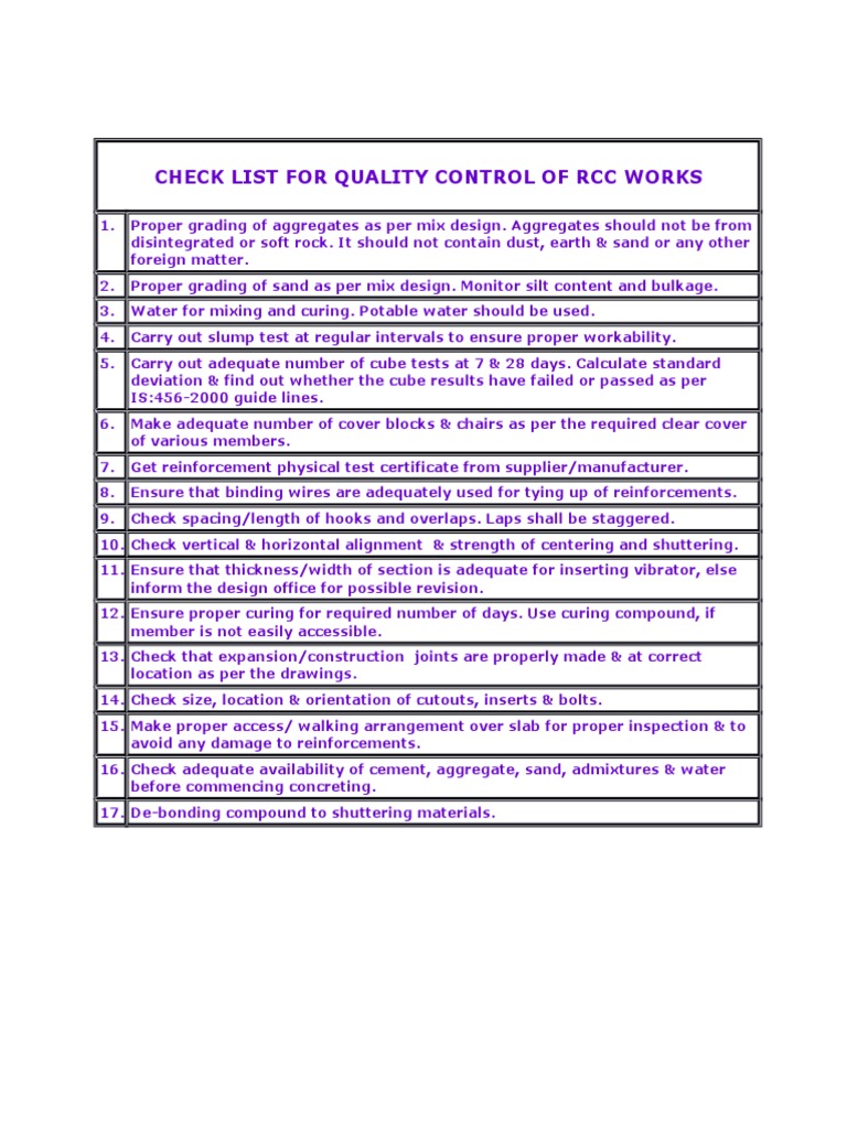 Check List For Quality Control of RCC Works | PDF