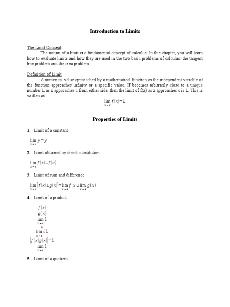 Introduction To Limits and Properties of Limits (Without Exercises Etc ...