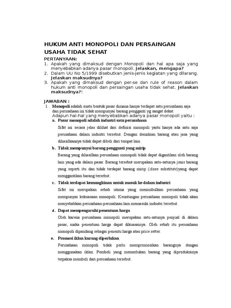 Hukum Monopoli Dan Persaingan Usaha Tidak Sehat | PDF