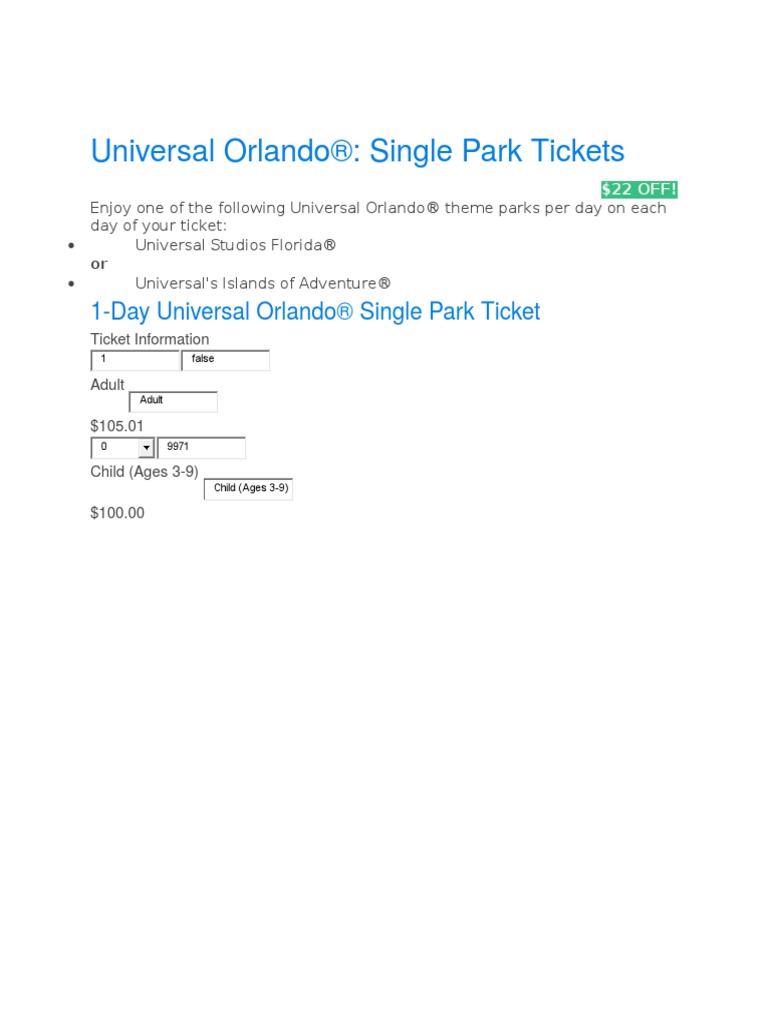 1-Day Universal Orlando® Single Park Ticket | PDF | Universal Orlando ...