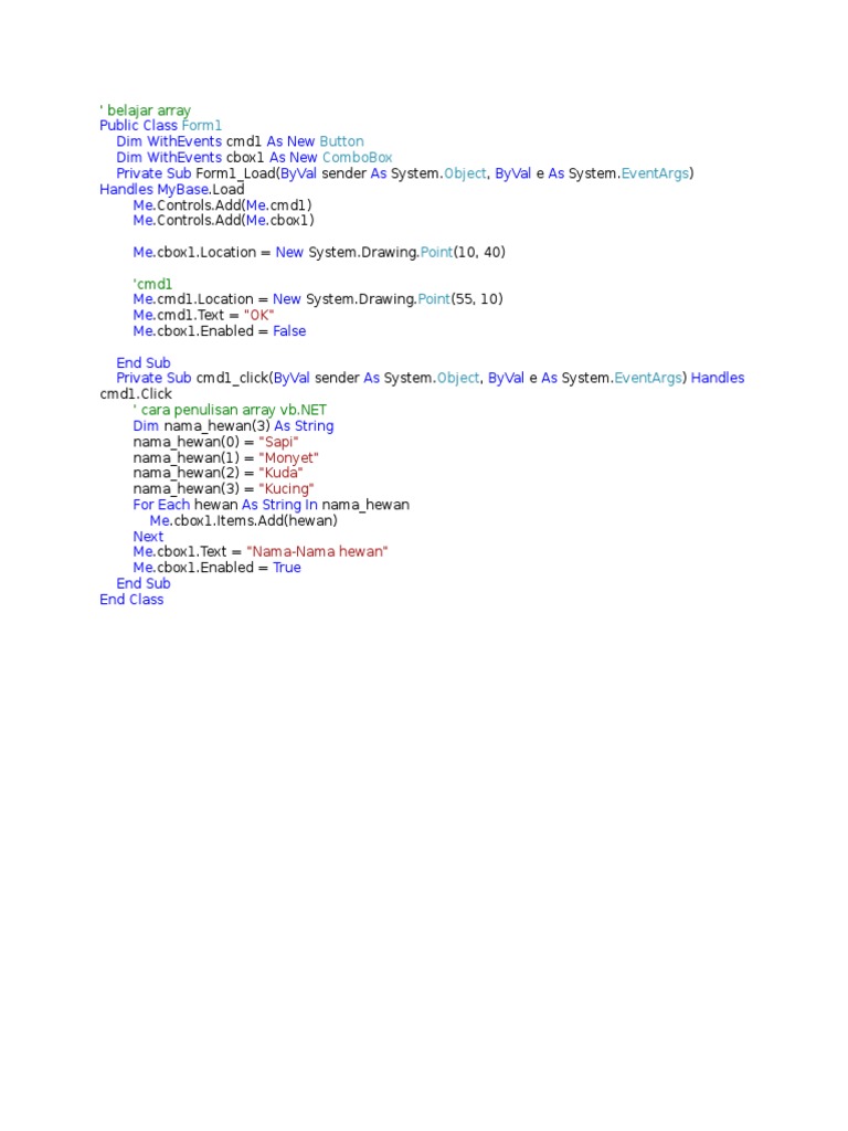 Form1 Button Combobox Object Eventargs: ' Belajar Array | PDF