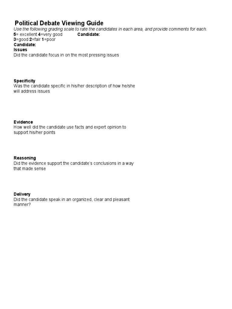 Political Debate Viewing Guide: 5 Excellent 4 Very Good 3 Good 2 Fair 1 ...
