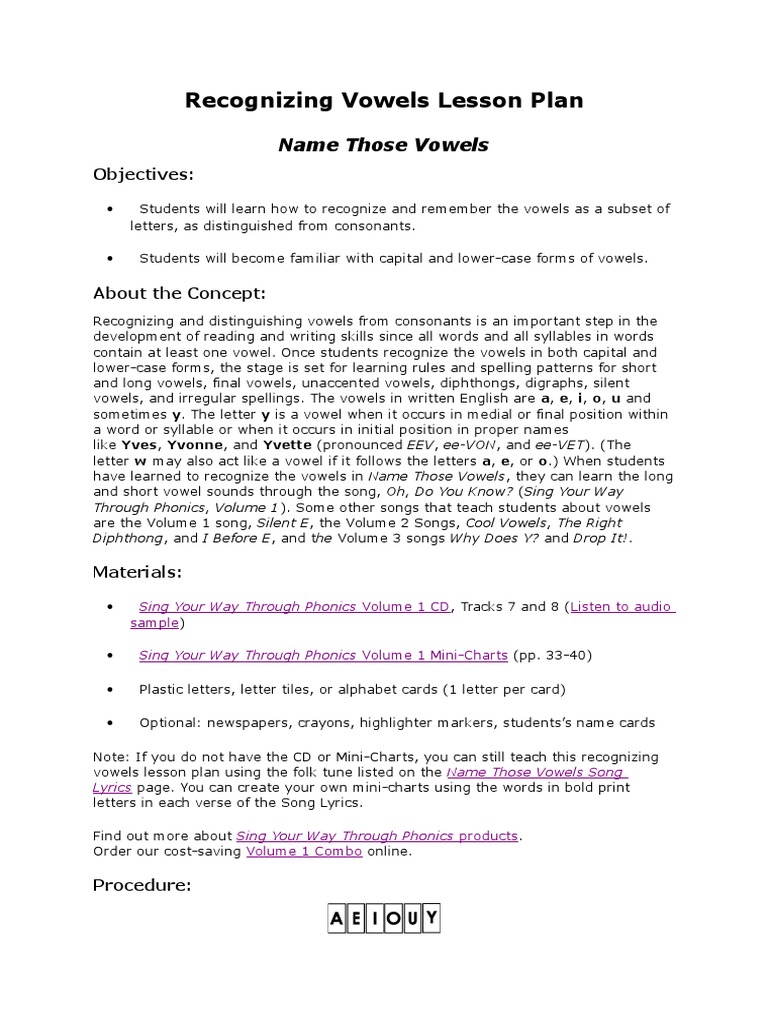 Recognizing Vowels Lesson Plan | Singing | Vowel | Free 30-day Trial ...