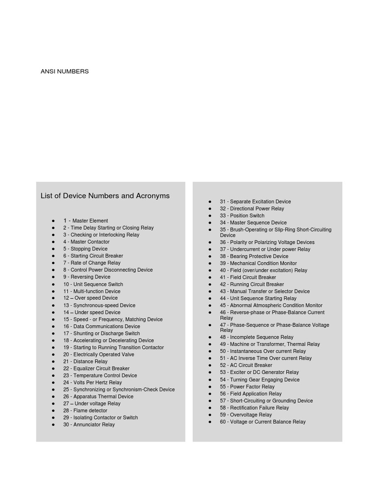ANSI Device Numbers and Acronyms List | PDF | Relay | Switch