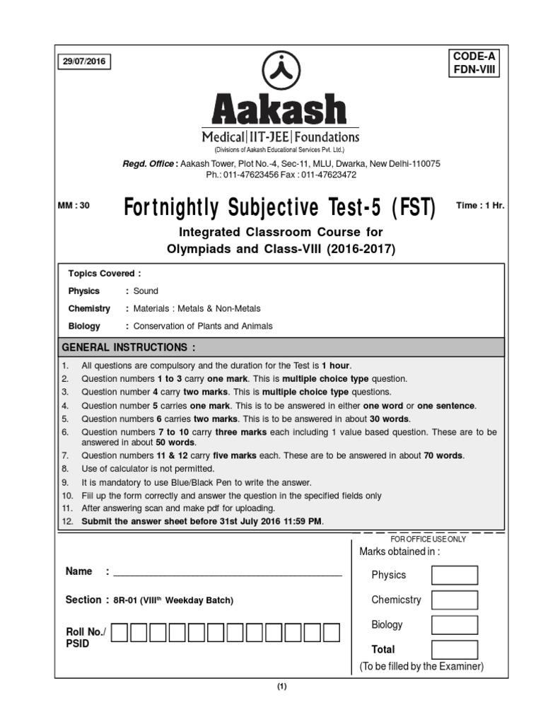 Aakash FST Test | Download Free PDF | Amplitude | Physics