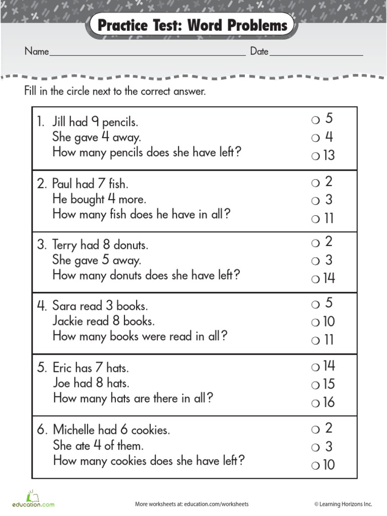 Practice Test: Word Problems: Fill in The Circle Next To The Correct ...