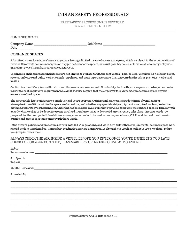 Indian Safety Professionals: Confined Space | PDF