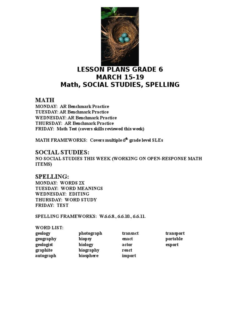 Grade 6 Lesson Plans: Math & Spelling | PDF