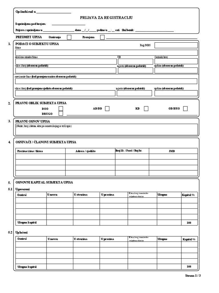 Obrazac Prijave Za Registraciju PDF | PDF