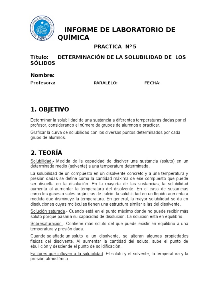 Informe 5 De Laboratorio De Química 1 Solubilidad Solvente