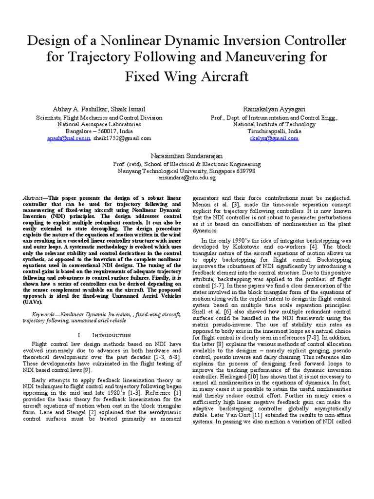 Design of Non Linear Dynamic Inversion Controller For Trajectory Following | PDF | Flight ...