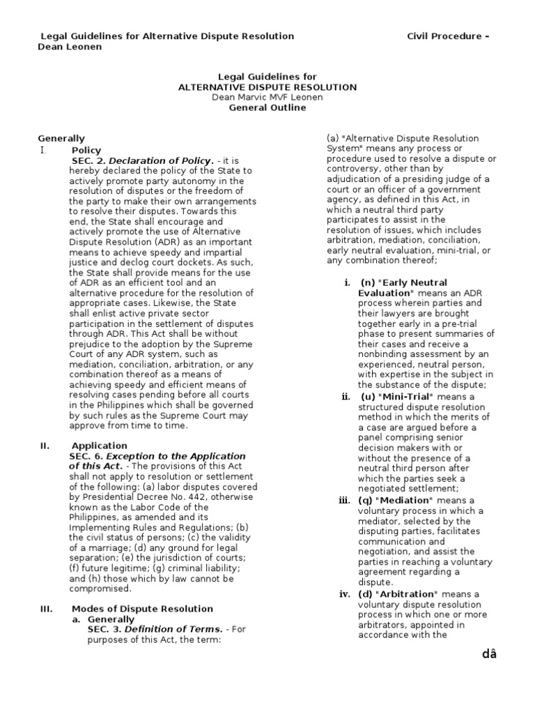 ADR Outline | PDF | Mediation | Alternative Dispute Resolution