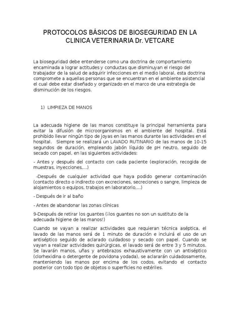 Protocolos Básicos de Bioseguridad en La Clinica Veterinaria DR | PDF | Lavado de manos ...