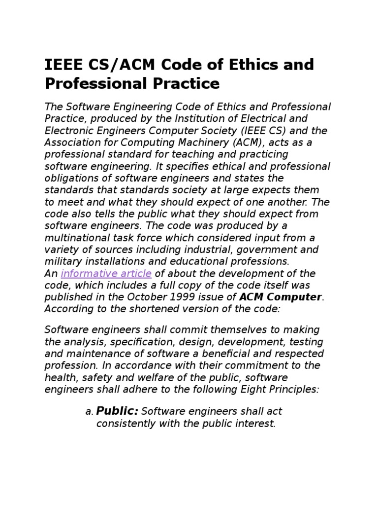 Establishing Ethical Standards for Software Engineers: An Overview of the IEEE CS/ACM Code of ...
