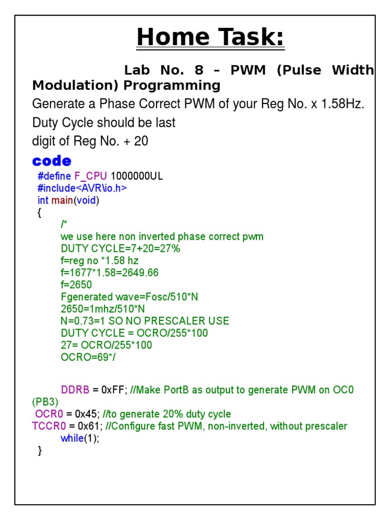 Home Task:: Lab No. 8 - PWM (Pulse Width Modulation) Programming | PDF
