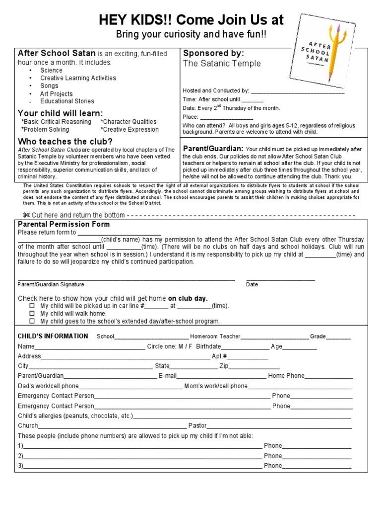 After School Satan Club Permission Slip | PDF | Learning | Cognition