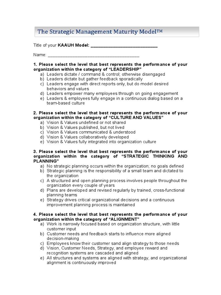 Strategic Management Model Questionnaire | PDF | Strategic Management ...