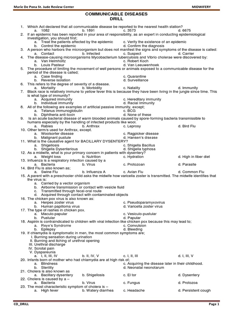 Communicable Diseases Drill | PDF | Immunity (Medical) | Infection