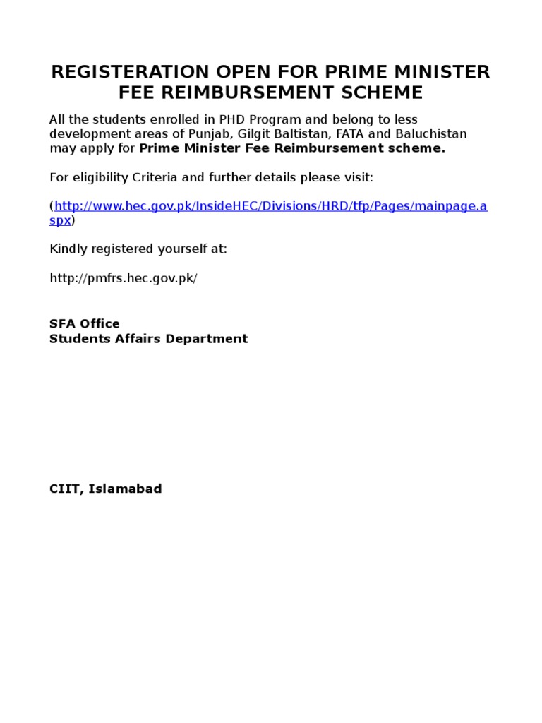 Pm Fee Reimbursement Scheme Pdf