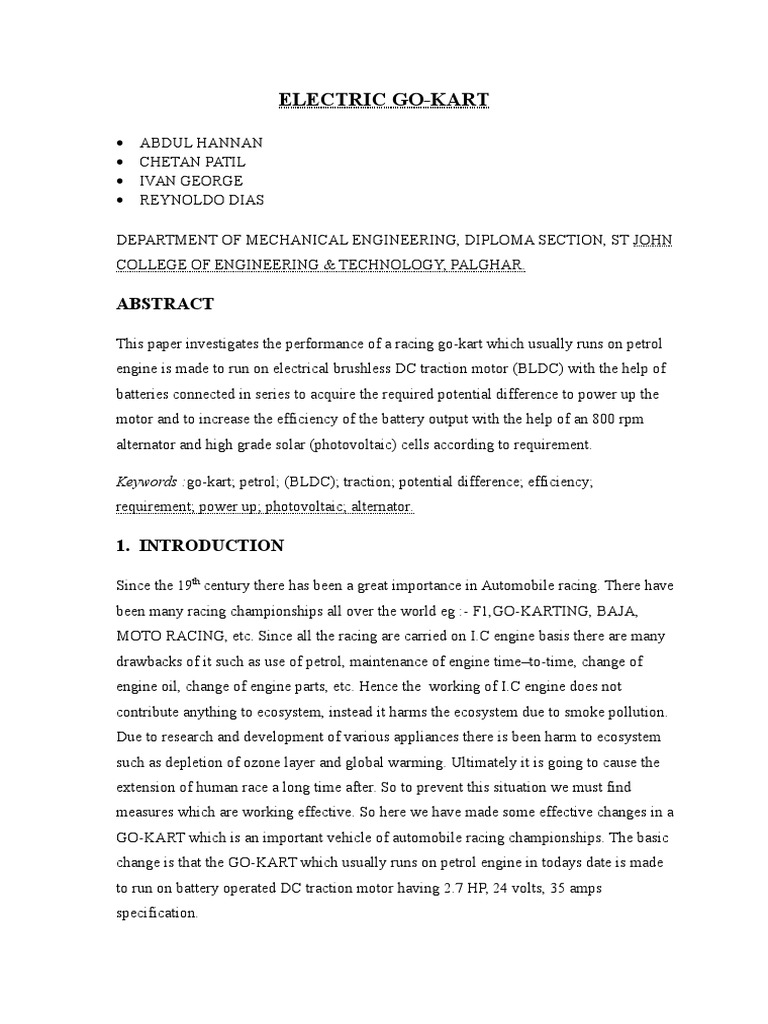 ELECTRIC GO-kart Paper Presentation | PDF | Engines | Electric Power
