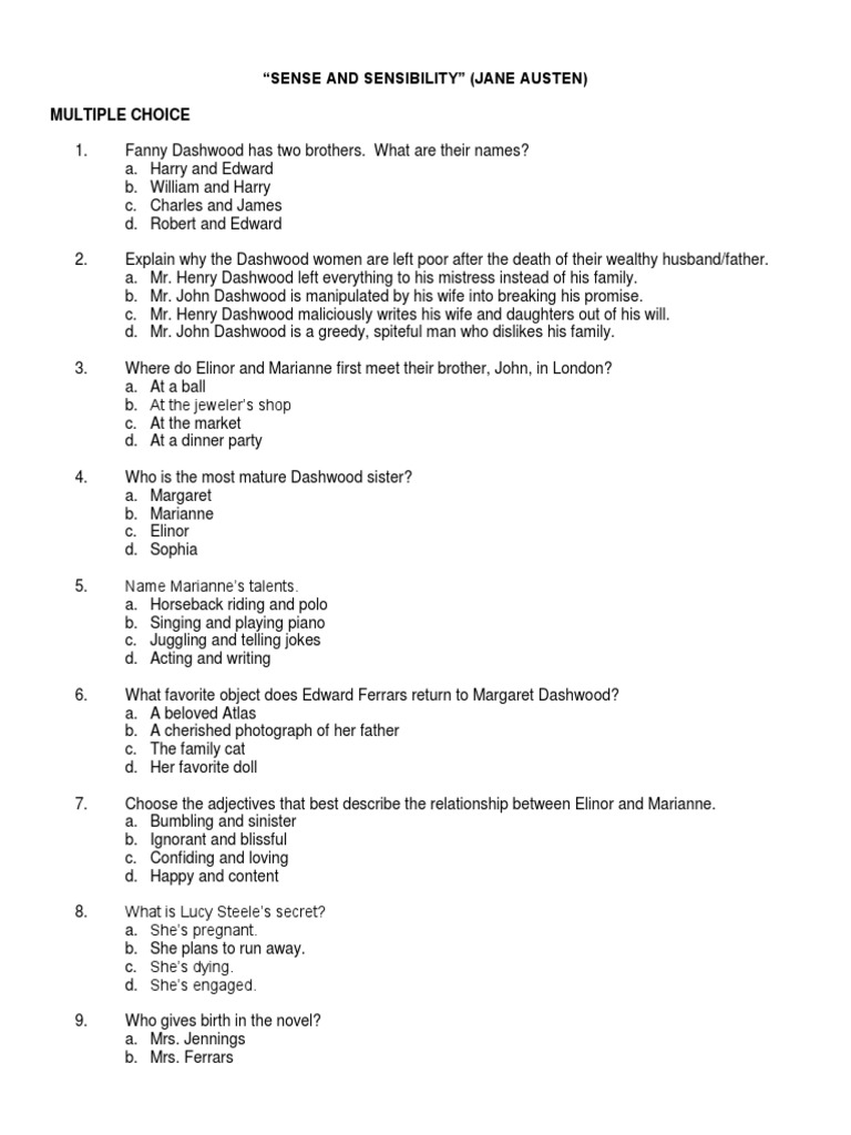 Sense and Sensibility Quiz | PDF | Sense And Sensibility | Elinor Dashwood