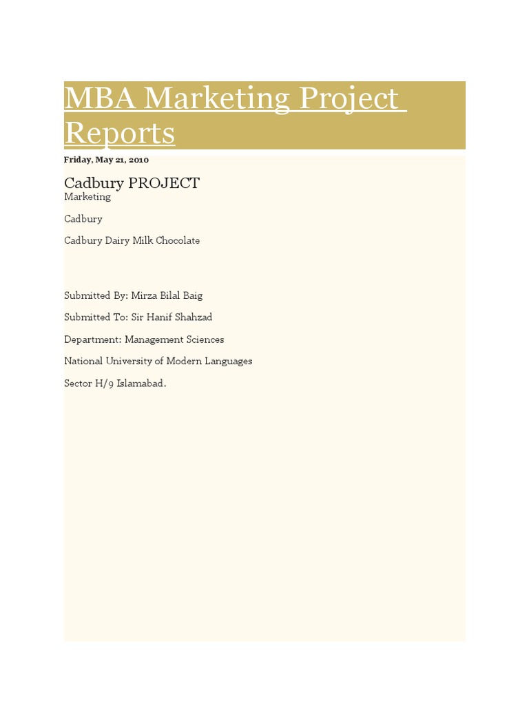 MBA Marketing Project Reports On Cadbury | PDF | Market Segmentation ...
