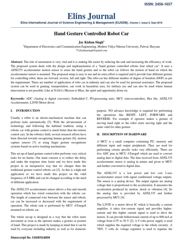 Hand Gesture Controlled Robot Car | PDF | Microcontroller | Robotics