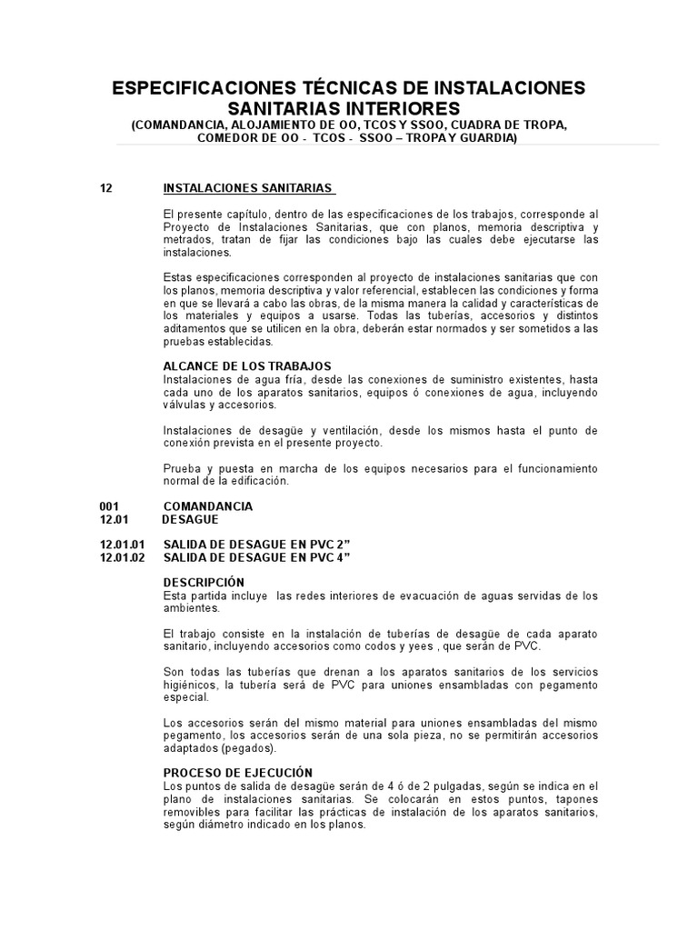 Especificaciones Tècnicas de Instalaciones Sanitarias | PDF | Presupuesto | Tubería (transporte ...